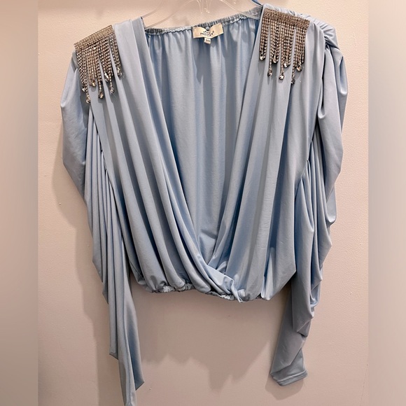 Tops | Sky Blue Embellished Deep V Top | Poshmark